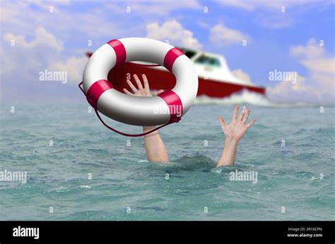 Rescue Boat Using Life Buoy Trying To Save Drowning Person At Sea Stock