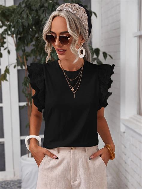 Shein Lune Schiffy Ruffle Armhole Solid Top Shein Usa