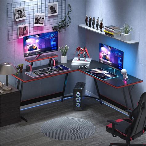 Modern Black And Red L Shaped Gaming Computer Desk For Corner Setup