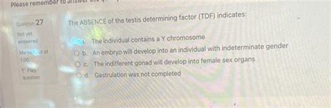 Solved The Absence Of The Testis Determining Factor Tdf