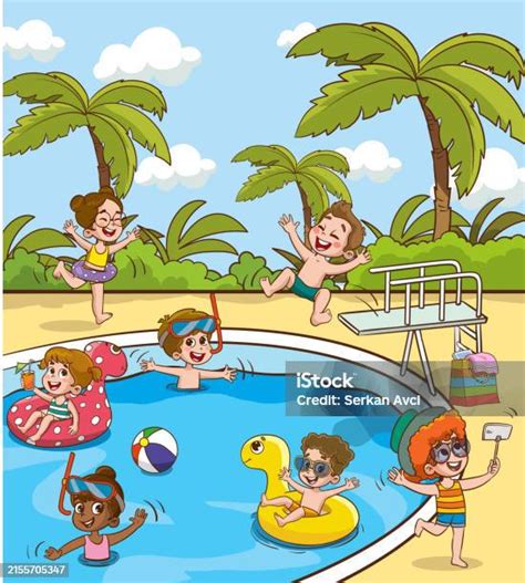 아쿠아 파크 수영장에서 즐거운 시간을 보내고 있는 아이들 여름 옥외 활동 개념 만화 벡터 일러스트 계절에 대한 스톡 벡터 아트 및 기타 이미지 Istock