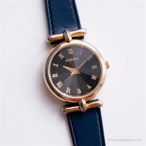 Vintage Black Dial Fossil Watch For Women With Diamond Shaped Crystal