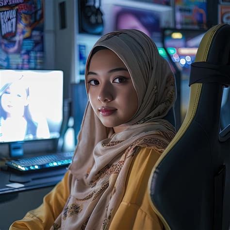 A Woman Sitting In A Chair In Front Of A Computer Screen Premium Ai Generated Image