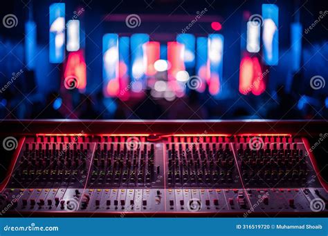 A Vivid Red Sound Console In A Stage Setting With Blue Lighting Stock