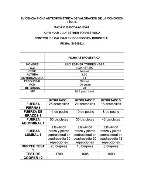 Evidencia Ficha Antropométrica DE Valoración DE LA Condición Física