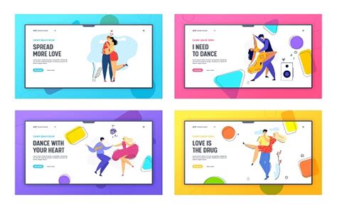 사랑 방문 페이지에 행복 한 커플 남자는 자신의 여자 친구를 키스 여자 포옹 남자 친구 디스코 웹 배너 춤 연인 캐릭터와 낭만적 인 데이트 개념 벡터 평면 그림 귀여운에