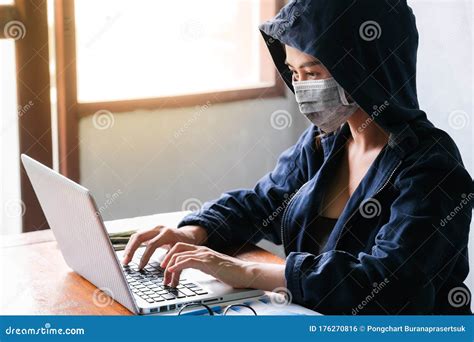 Professional Hacker Young Women Using Laptop And Type Keyboard To Steal