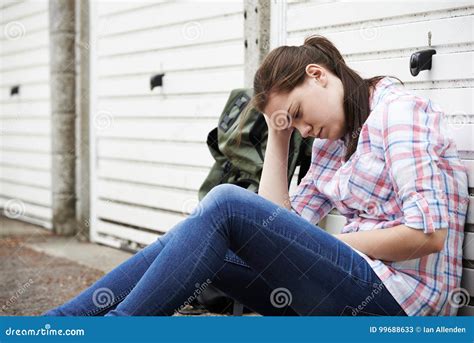 Homeless Teenage Girl On Streets With Rucksack Stock Image Image Of