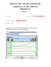LAb 1 Pdf PHYSICS LAB ONLINE SIMULATION KINEMATICS IN ONE DIMENSION