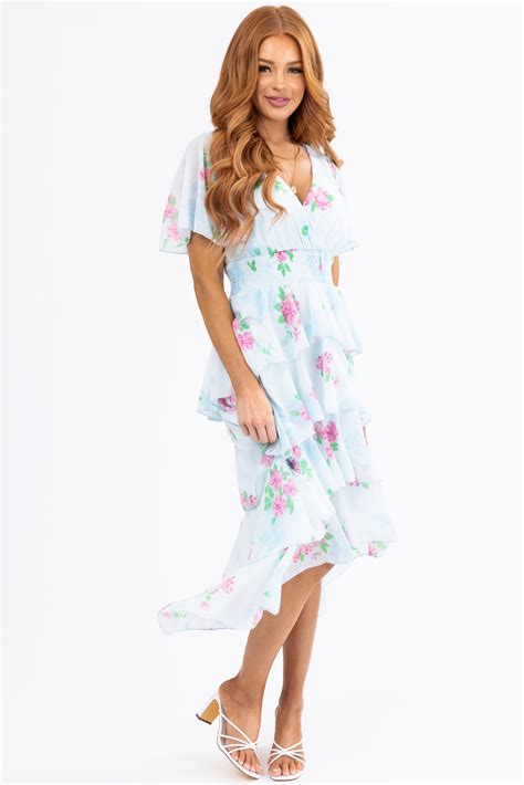 Sky Blue Floral Ruffle High Low Midi Dress Lime Lush Boutique