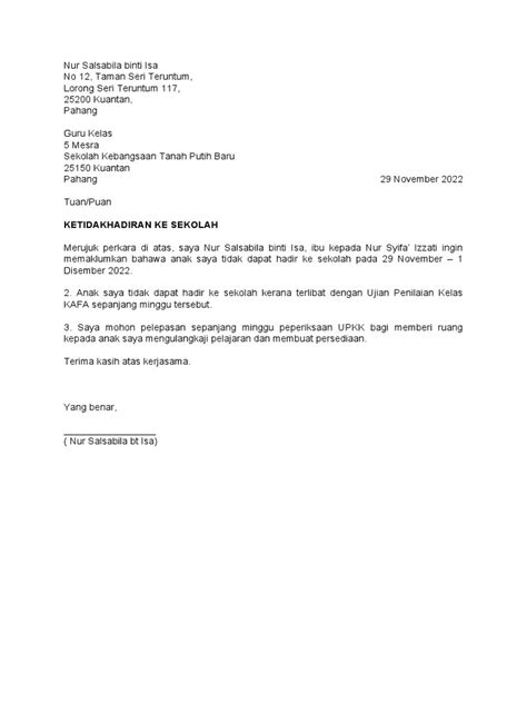 Surat Tidak Hadir Sekolah Pdf