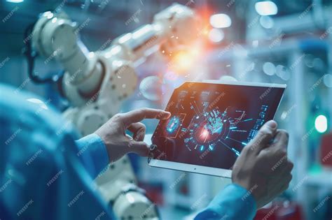 premium photo an engineer uses a digital tablet to control a robotic