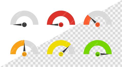 만족도 측정기 척도 및 이모티콘 수준 또는 회전 속도계 이모티콘이 설정된 피드백 이모티콘 평가 프리미엄 벡터