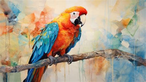 Colorful Parrot Sitting On A Branch Vibrant Watercolor Painting Stock