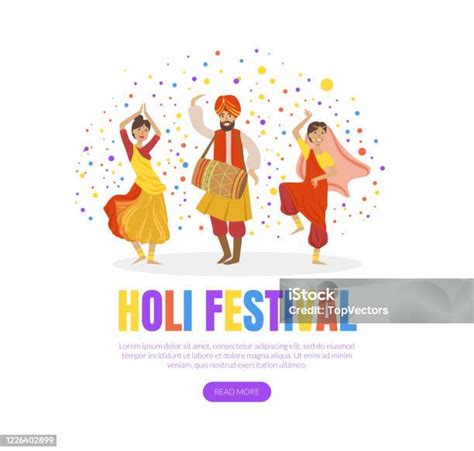홀리 페스티벌 방문 페이지 템플릿 인도 봄 축제 여행 웹 사이트 모바일 응용 프로그램 벡터 일러스트 홀리에 대한 스톡 벡터 아트