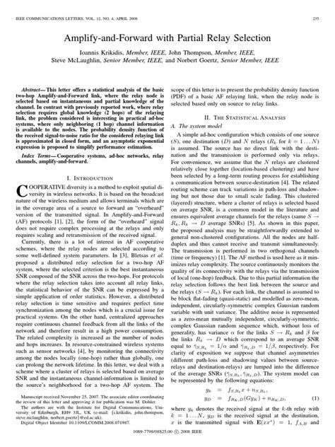 Amplify And Forward With Partial Relay Selection Pdf Information And Communications