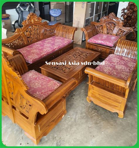 Sofa Set Jati Madura 3 2 1 Meja Kaca Kerusi Kayu Jati Lazada