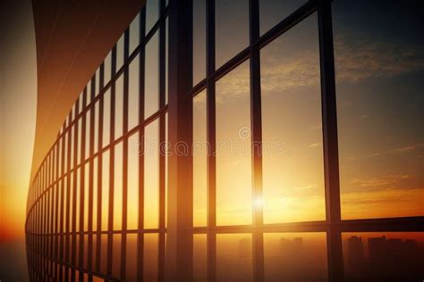 Golden Sunset View Window From Office Building With Cityscape Flawless