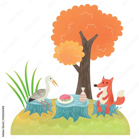 The Fox And The Stork Picture For Story Book Aesops Fable Illustration Cute Illustration