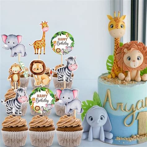 6pcs Animal Cake Topper Cupcake Flag For Wild One Jungle Safari