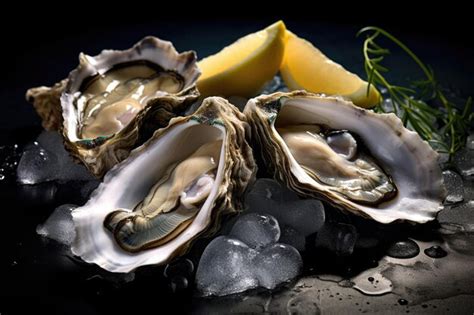 Premium Ai Image Fresh Oysters Served With Lemon And Ice On Dark