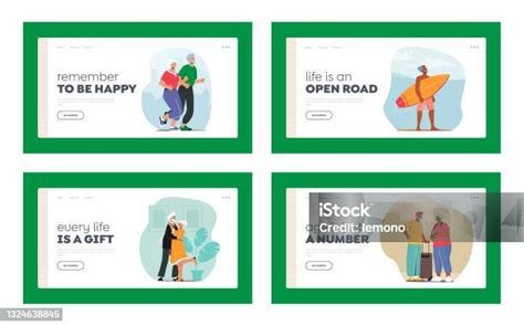 시니어 캐릭터 활성 라이프스타일 랜딩 페이지 템플릿 세트 노인 남자 여자 조깅 연습 서핑 스포츠 댄스 노인에 대한 스톡 벡터 아트 및 기타 이미지 Istock