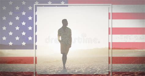 American Flag With Glitch Effect Against African American Man Walking