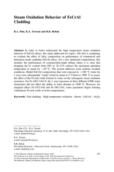 Pdf Steam Oxidation Behavior Of Fecral Cladding