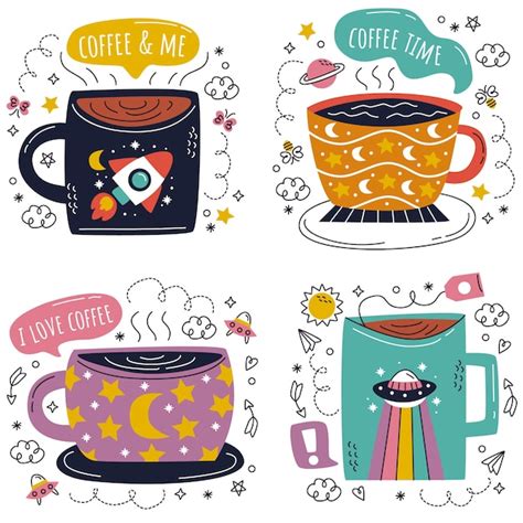 Free Vector Doodle Hand Drawn Tea Coffee Time Stickers