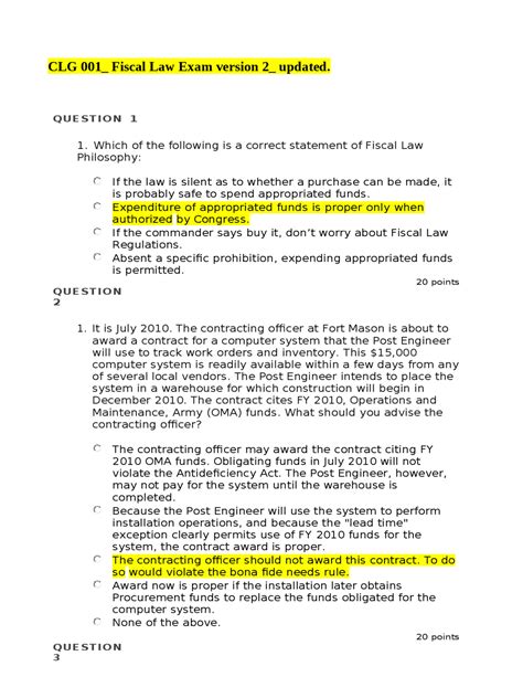 Clg 001 Fiscal Law Exam Version 2 Updated Exams Law Docsity