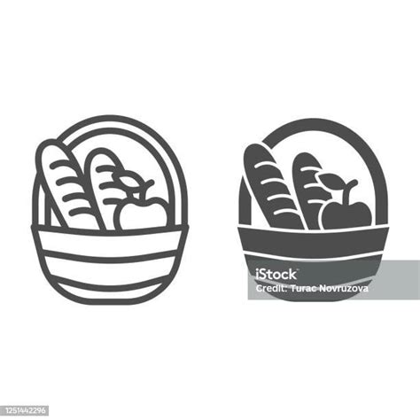 빵과 사과 라인과 단단한 아이콘 음식 개념 흰색 배경에 맛있는 과일과 빵 표지판으로 가득 한 피크닉 바구니 윤곽 스타일의 제품 아이콘바구니 벡터 그래픽 아이콘에 대한 스톡