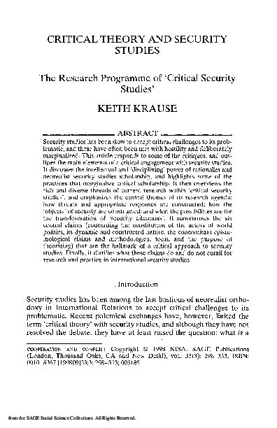 Pdf Critical Theory And Security Studiesthe Research Programme Of