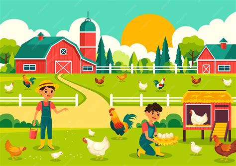 Premium Vector Poultry Farm Vector Illustration With Chickens