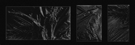 투명한 배경에 격리된 주름진 플라스틱 랩 조각 세트 구겨진 표면 오버레이 효과를 사용하여 광택 있는 폴리에틸렌 백 스트레치 필름 텍스처를 보여주는 벡터 실제 그림 무료 벡터