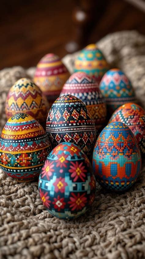 Colorful Pysanky Eggs Showcasing Traditional Folk Patterns Woven Fabric