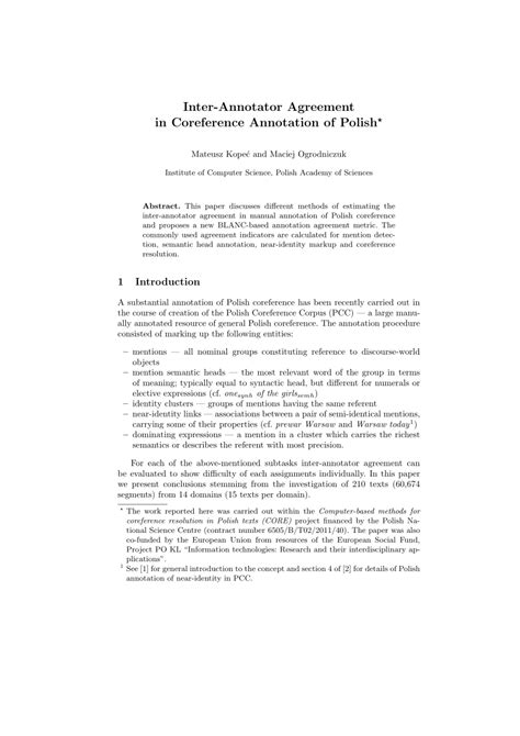 Pdf Inter Annotator Agreement In Coreference Annotation Of Polish