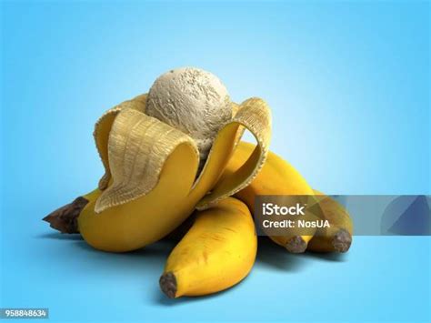 과일 아이스크림 A 바나나 아이스크림 볼의 현대 개념은 구운된 바나나에 파란색 배경에 3d 렌더링 0명에 대한 스톡 사진 및 기타 이미지 Istock