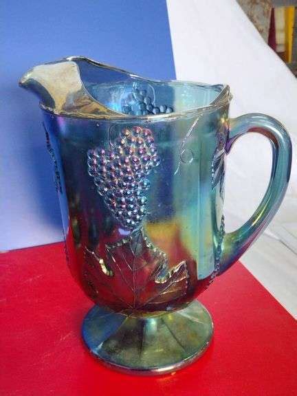 Blue Carnival Glass Pitcher And 16 Goblets Baer Auctioneers Realty Llc