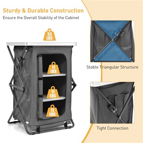 Folding Camping Storage Cabinet With Shelves And Carry Bag Grey