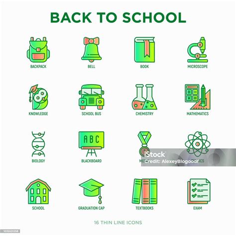 학교 선 아이콘을 다시 설정 배낭 벨 책 현미경 지식 올빼미 졸업 모자 버스 화학 수학 생물학 칠판 물리학 시험 현대 벡터 일러스트입니다 계산기에 대한 스톡 벡터 아트 및
