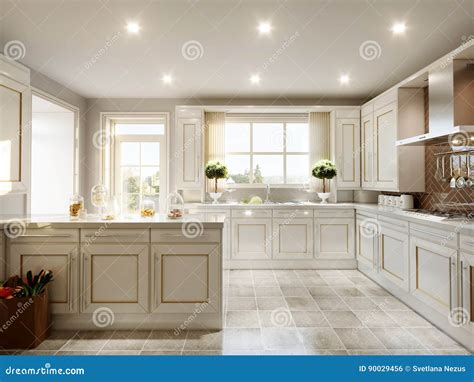 Modern Kitchen Interior Design With White And Wooden Facades Stock