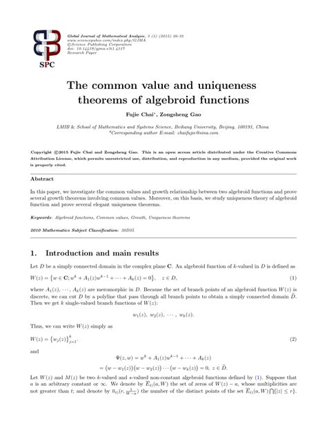 Pdf The Common Value And Uniqueness Theorems Of Algebroid Functions