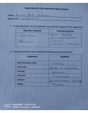 Experiment Pre Laboratory Report Chemical Solubility Ion Course Hero