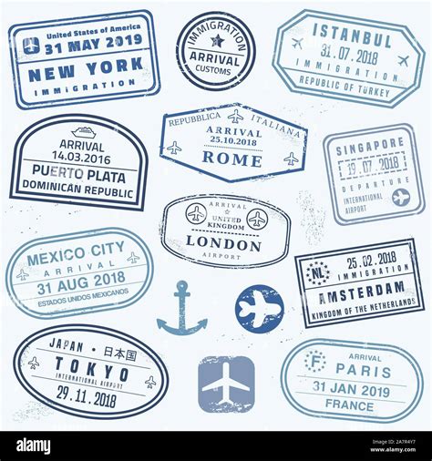 Vector Passport Stamp Set Novelty Passport Stamps Collection Stock