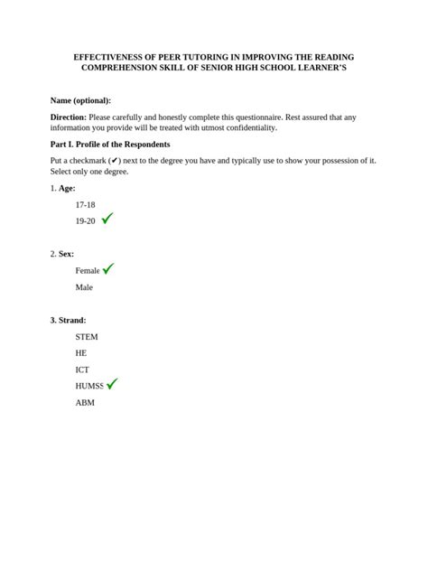 Effectiveness Of Peer Tutoring In Improving The Reading Comprehension Skill Of Senior High
