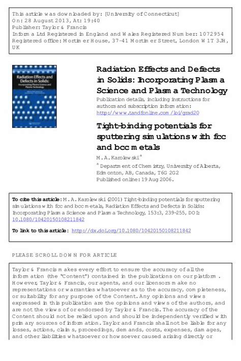 pdf tight binding potentials for sputtering simulations with fcc and