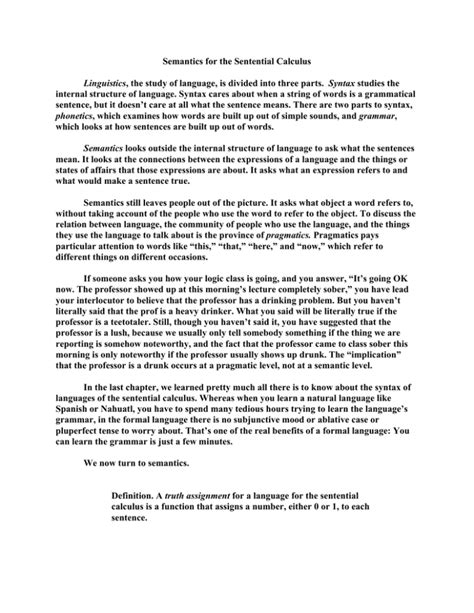 Semantics For The Sentential Calculus Linguistics