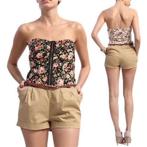 MOGAN Vintage Belted Floral Print Tube ROMPER Cotton Bandeau Short