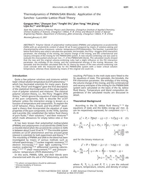 Pdf Thermodynamics Of Pmmasan Blends Application Of The Sanchez−lacombe Lattice Fluid Theory