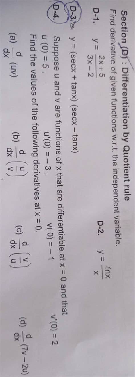 Section D Differentiation By Quotient Rule Find Derivative Of Given F